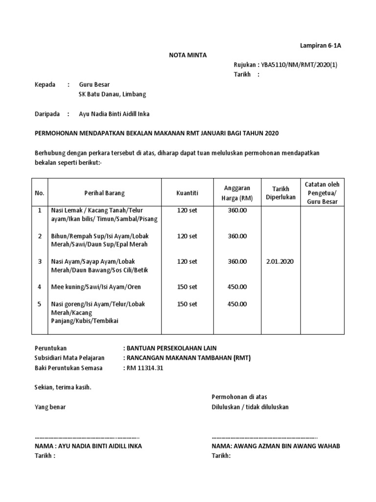 Nota Minta RMT Jan 2020 | PDF
