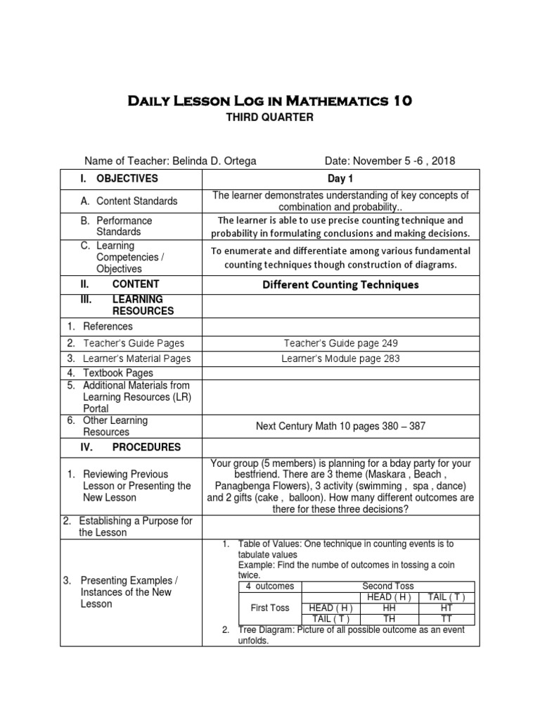 DLL Math 10 - Counting Tecgnique | PDF | Numbers | Probability