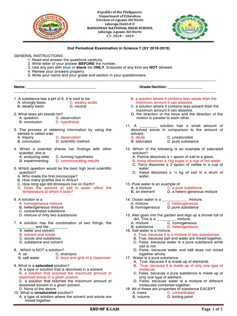 Test Questionnaire Science 7 - 2nd Quarter | PDF | Solution | Mixture