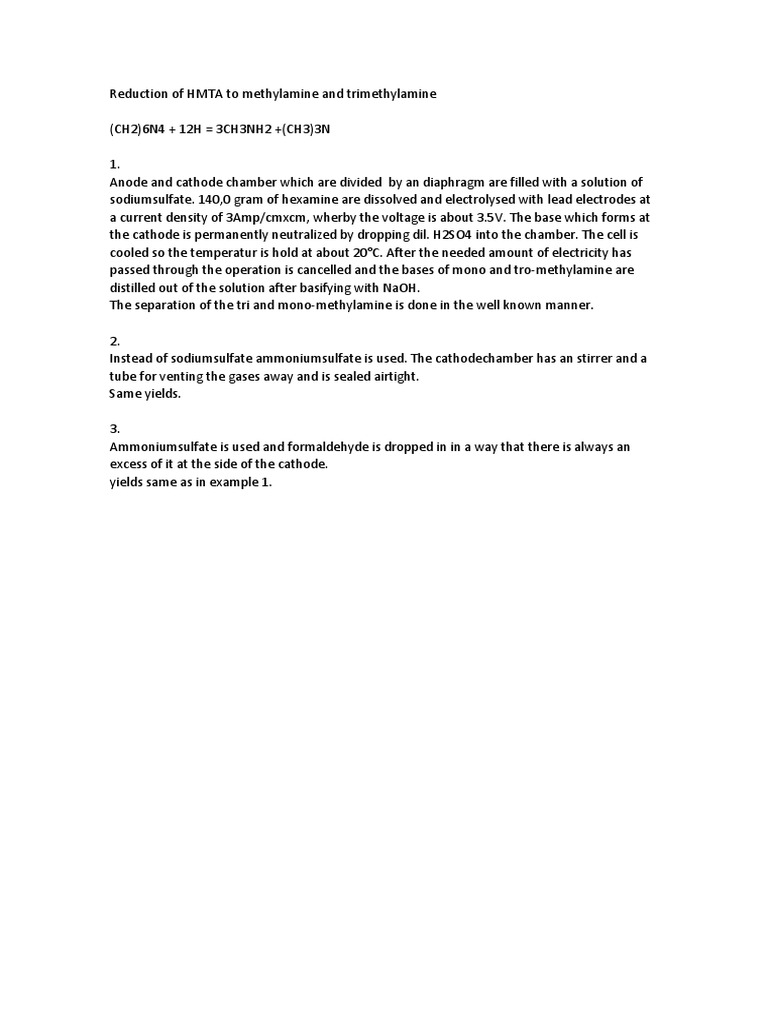 Reduction of HMTA To Methylamine and Trimethylamine | PDF