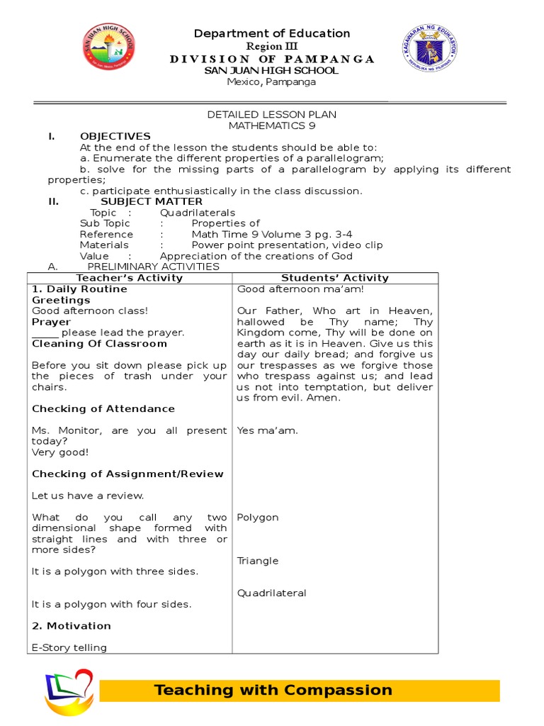 Grade 9 Lesson Plan: Parallelogram Properties | PDF | Elementary ...