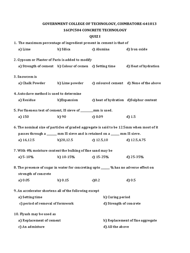Concrete Technology Quiz Overview | PDF | Lime (Material) | Concrete