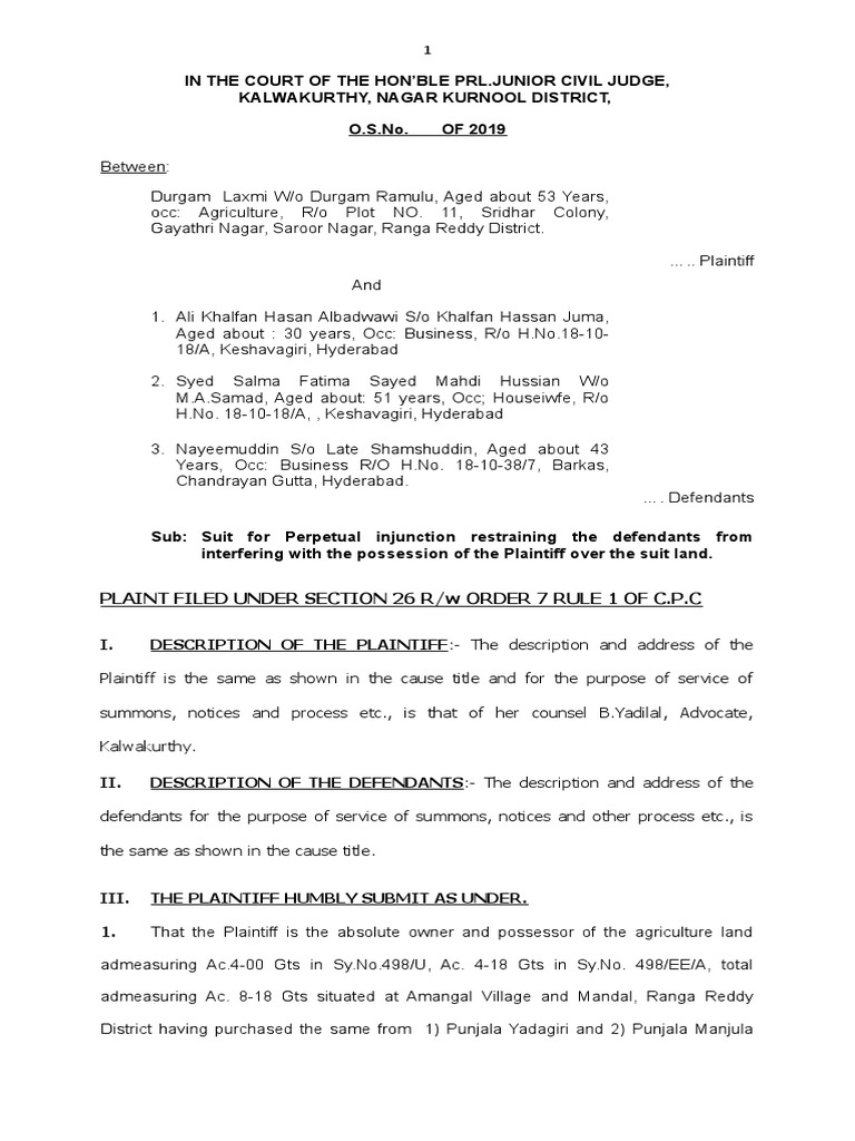 Suit For Inunction Plaint | PDF | Affidavit | Real Property
