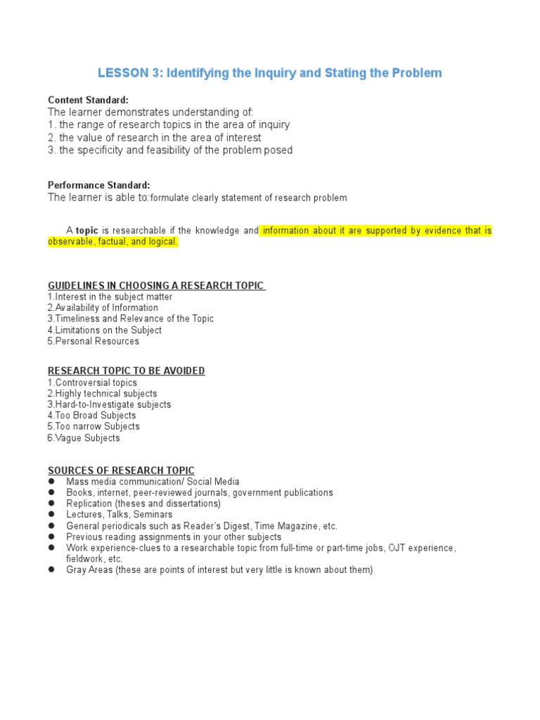 LESSON 3 - Identifying The Inquiry and Stating The Problem | PDF ...