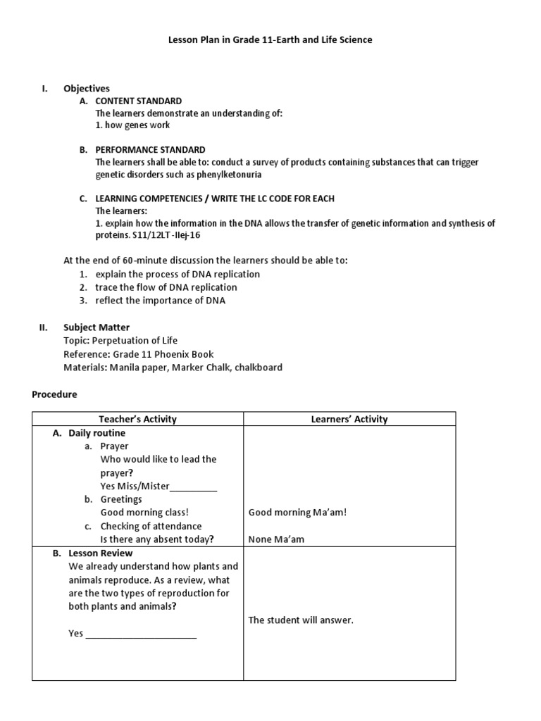 DNA Replication Lesson Plan for Grade 11 | PDF | Dna | Genetics