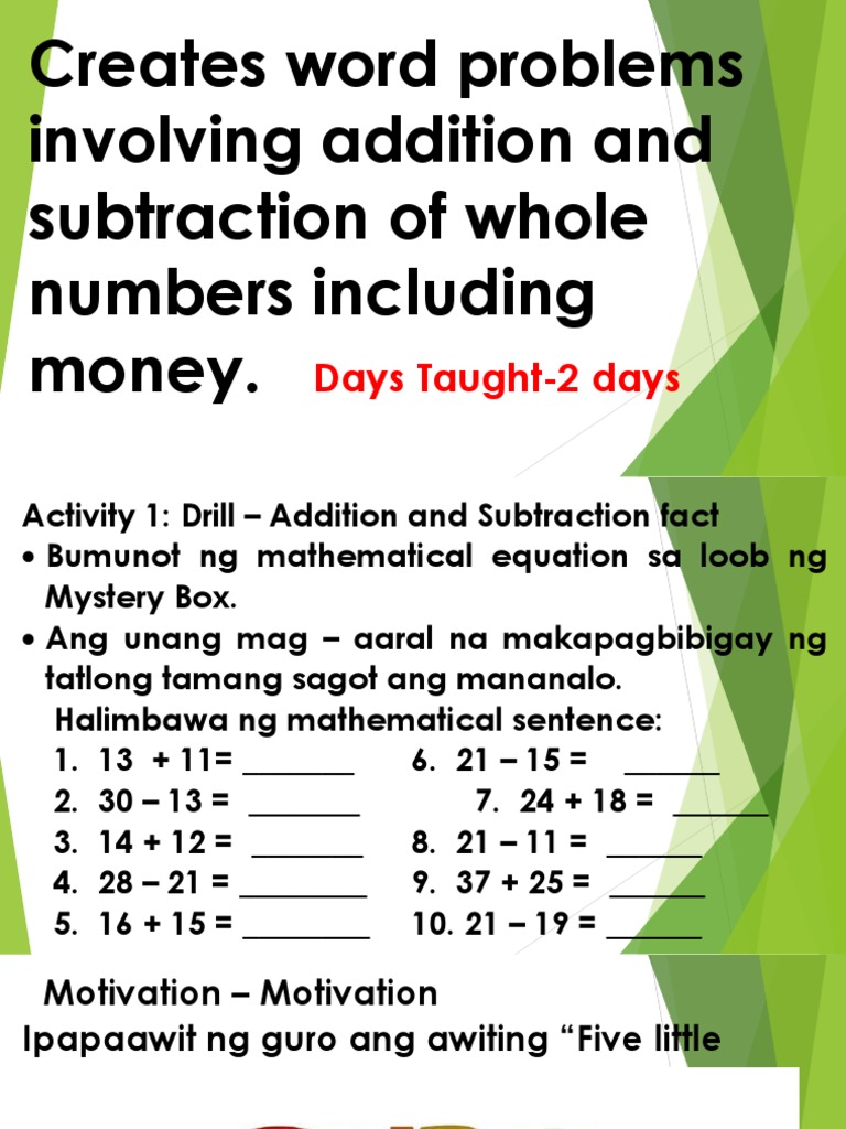 Creates Word Problems Involving Addition and Subtraction of Whole ...