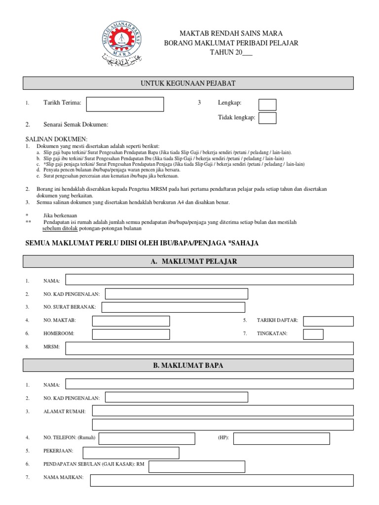 Borang Maklumat Peribadi Pelajar | PDF