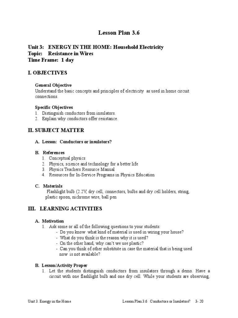 Lesson Plan 3.6: Conductors or Insulators | PDF | Electrical ...