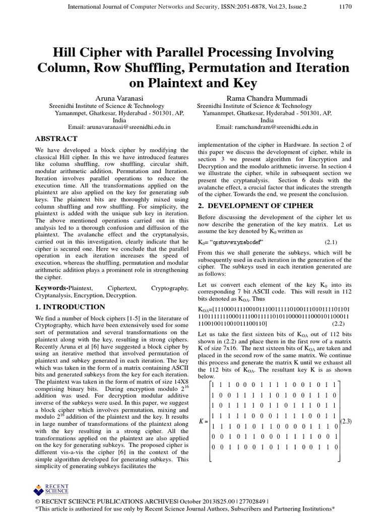 Hill Cipher With Parallel Processing | PDF | Cryptography | Cryptanalysis