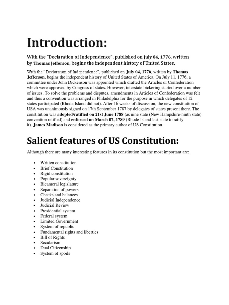 Salient Features of US Constitution | PDF | Federal Government Of The ...