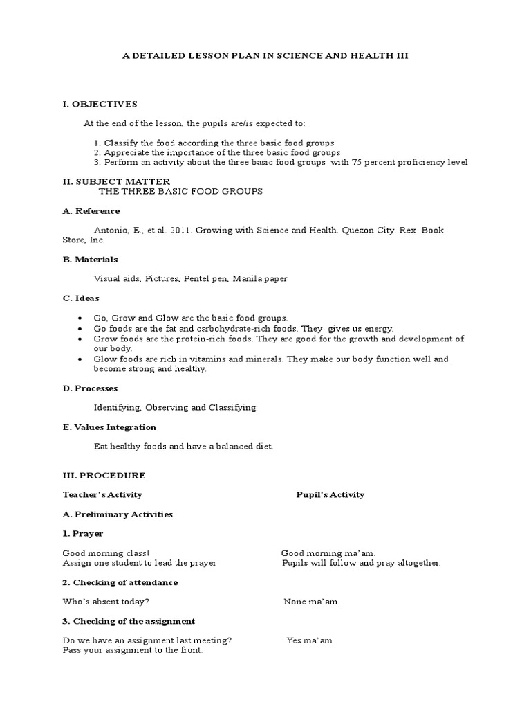 Lesson Plan: Three Basic Food Groups | PDF | Lunch | Foods