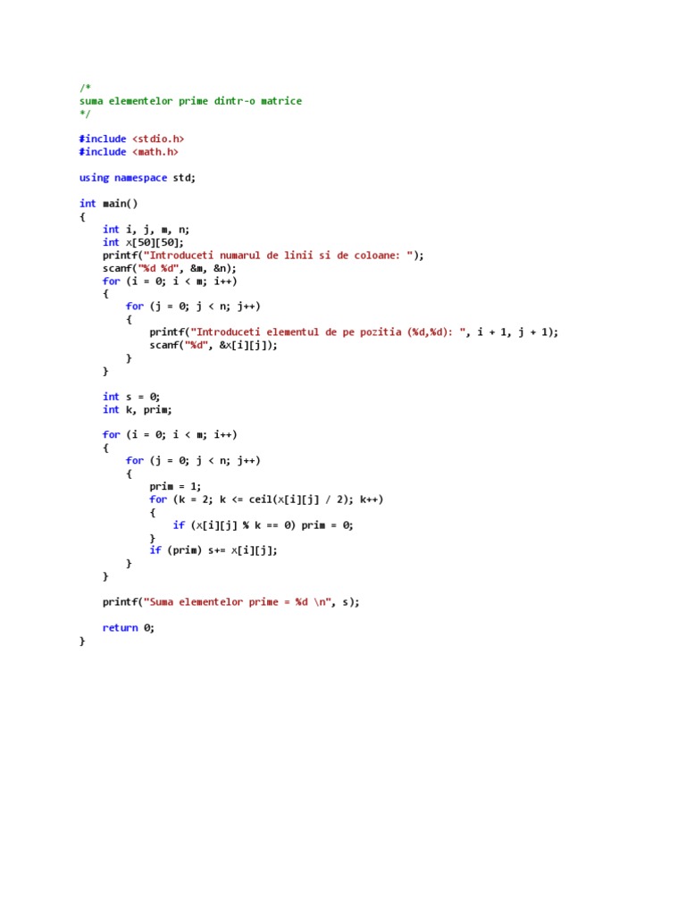 Suma Elementelor Prime Dintr-O Matrice | PDF