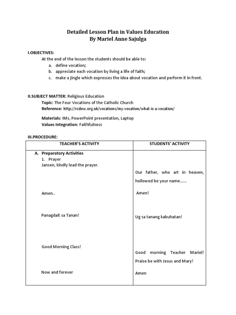 Detailed Lesson Plan in Values Education | PDF | Catholic Church | Marriage