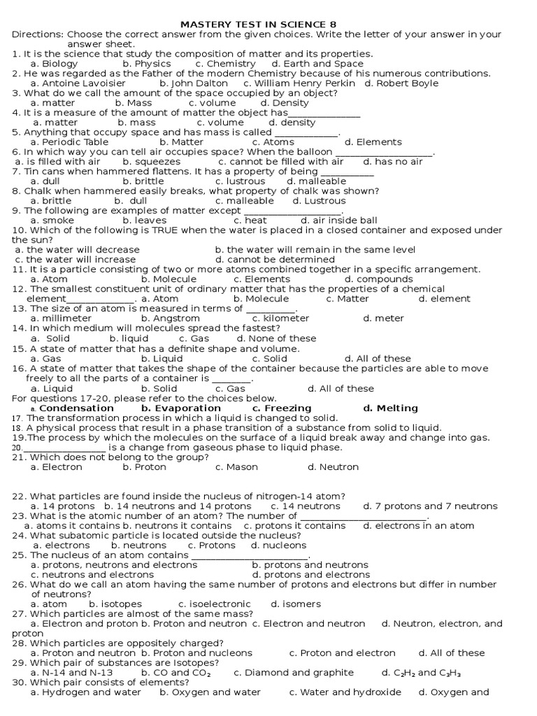 Grade 8 Science Q3 Mastery Test | PDF | Atoms | Proton
