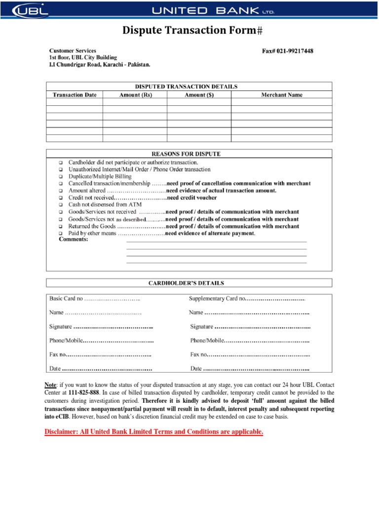UBL Dispute Transaction Form Guide | PDF | Finance & Money Management