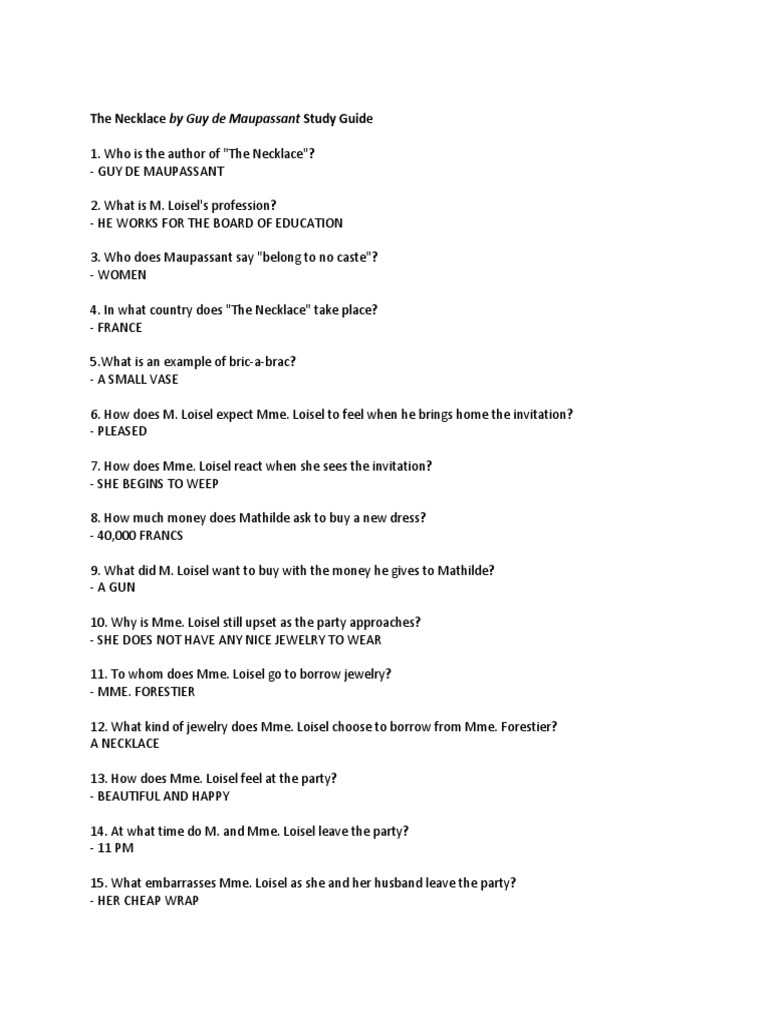 The Necklace by Guy de Maupassant Study Guide | PDF