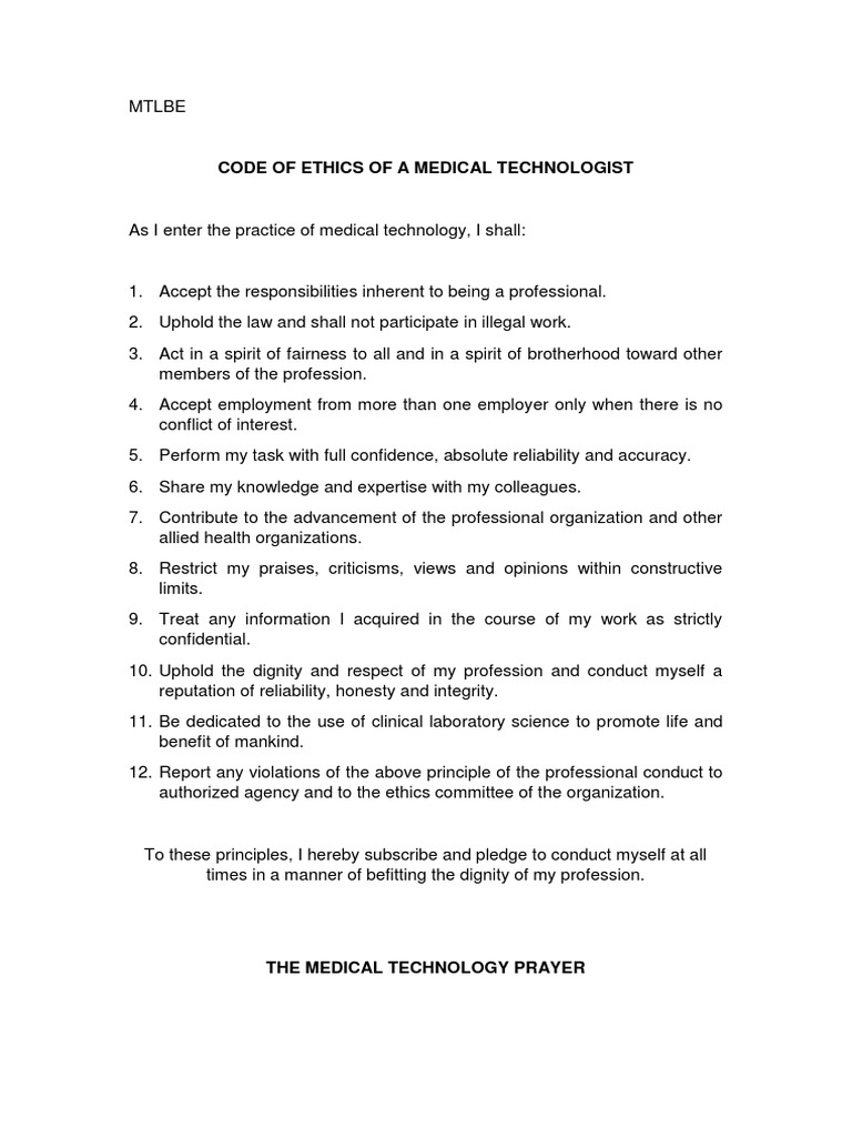 Code of Ethics and Medtech Prayer | PDF