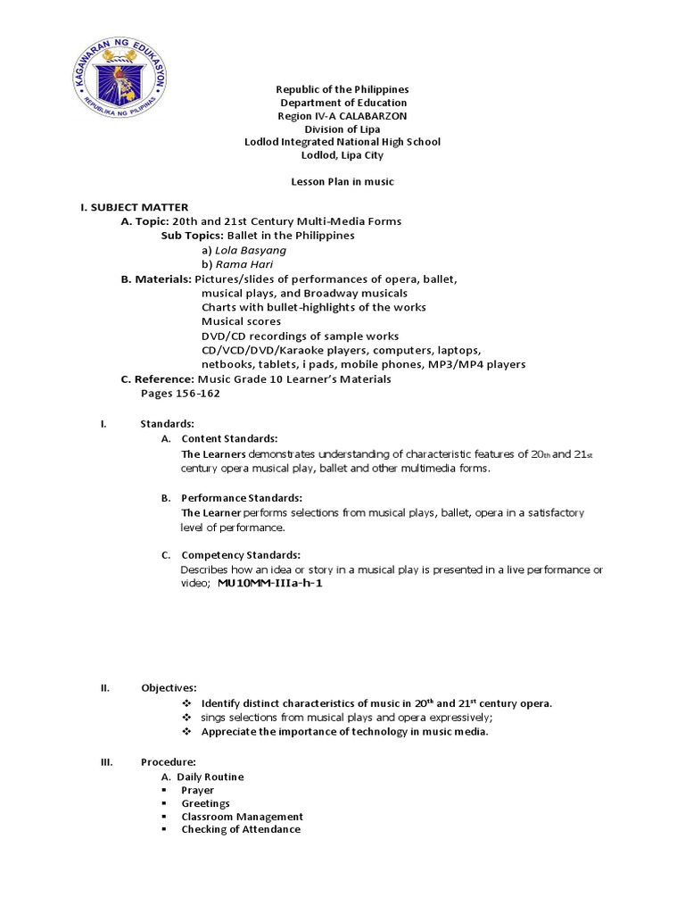Lesson Plan Music 10 1.1 Multi Media Forms | PDF | Multimedia | Opera
