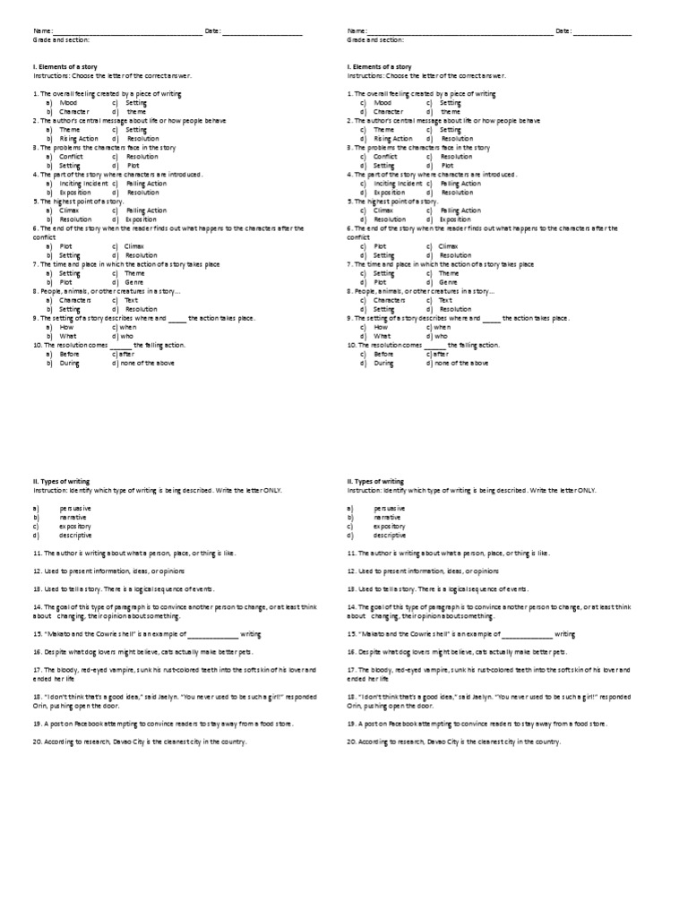Elements-Types of Story Quiz | PDF | Plot (Narrative)