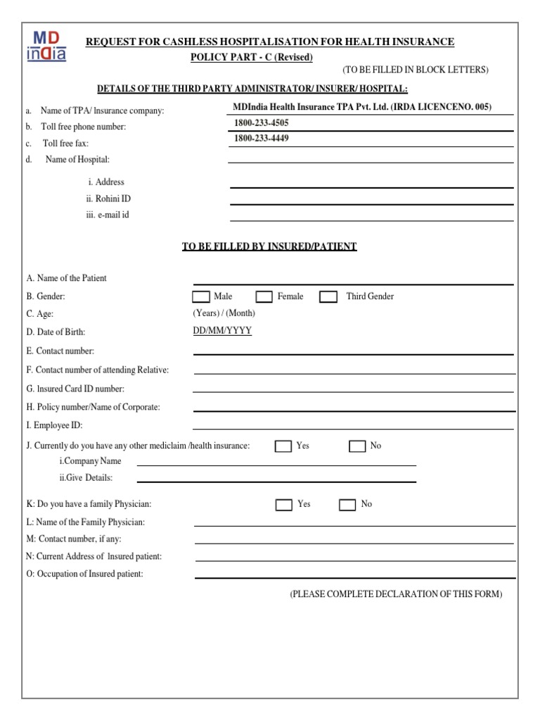 IRDA - Pre Auth Form | PDF | Insurance | Hospital