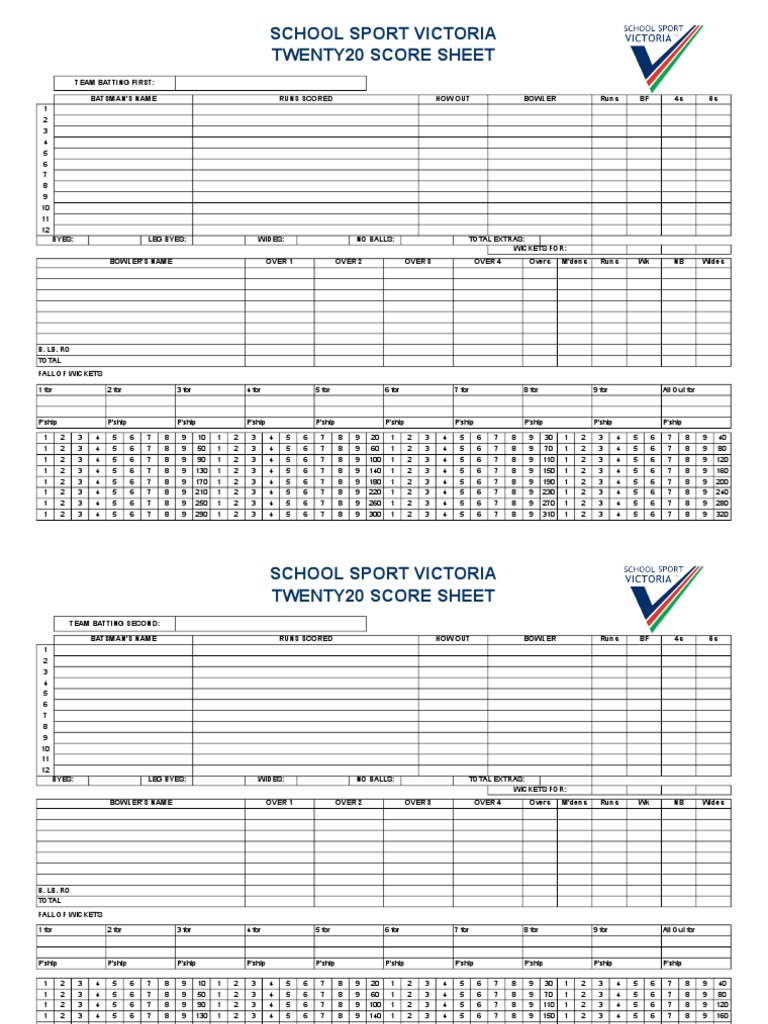 Cricket Twenty20 Score Sheet | PDF | Ball Games | Sports