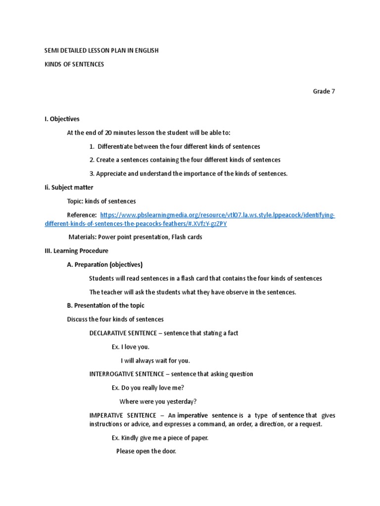 Grade 7 Lesson Plan: Kinds of Sentences | PDF | Clause | Sentence ...
