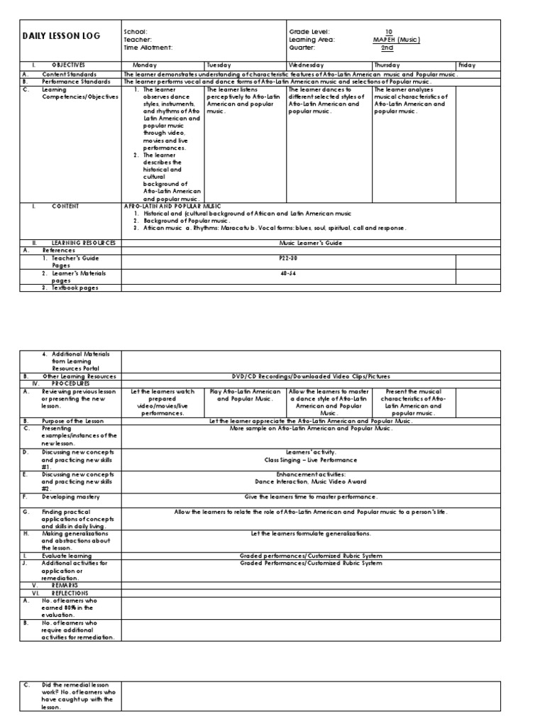 MAPEH 10 2nd Quarter Daily Lesson Log | PDF | Popular Music | Singing