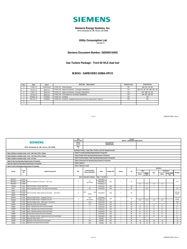 Siemens Utility Consumption List for Gas Turbine Package | PDF | Fuel ...
