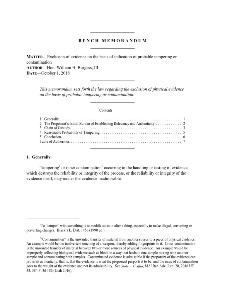 Bench Memorandum: Exclusion of Evidence Due To Probable Tampering | PDF ...