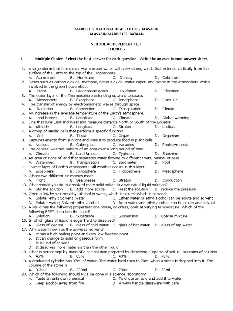 Grade 7 Science Achievement Test | PDF | Solution | Atmosphere Of Earth
