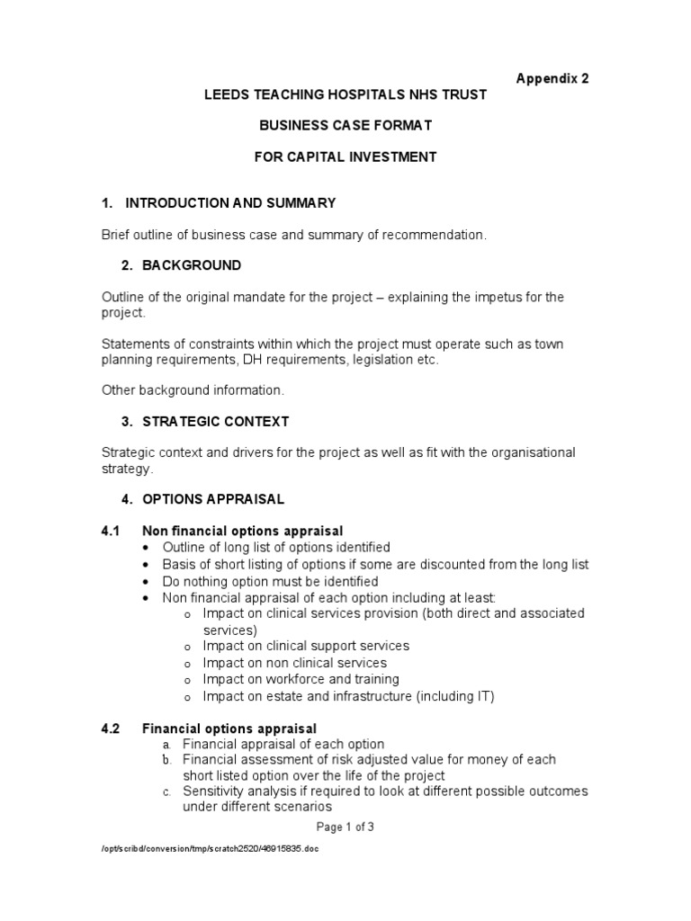 Appendix 2 Leeds Teaching Hospitals Nhs Trust Business Case Format For ...