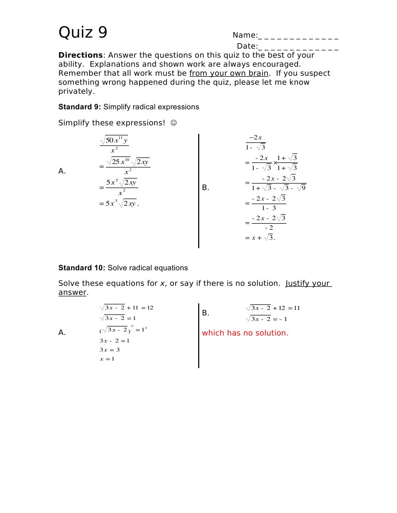 Quiz 9 Solutions | PDF | Equations | Square Root