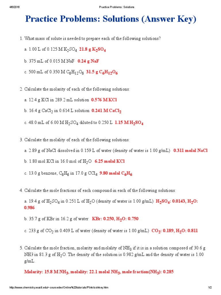 Solutions: Practice Problems Answer Key | PDF | Molar Concentration ...
