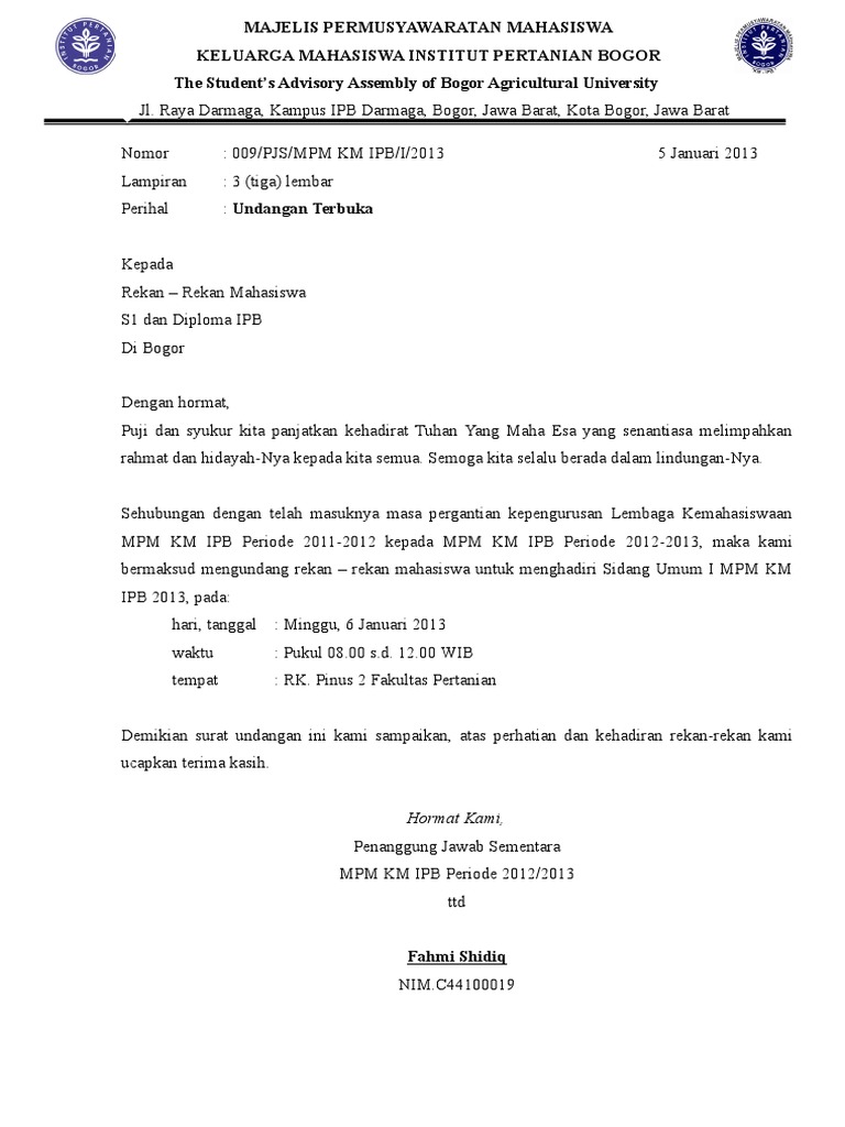 Undangan Sidang Umum I MPM KM IPB | PDF