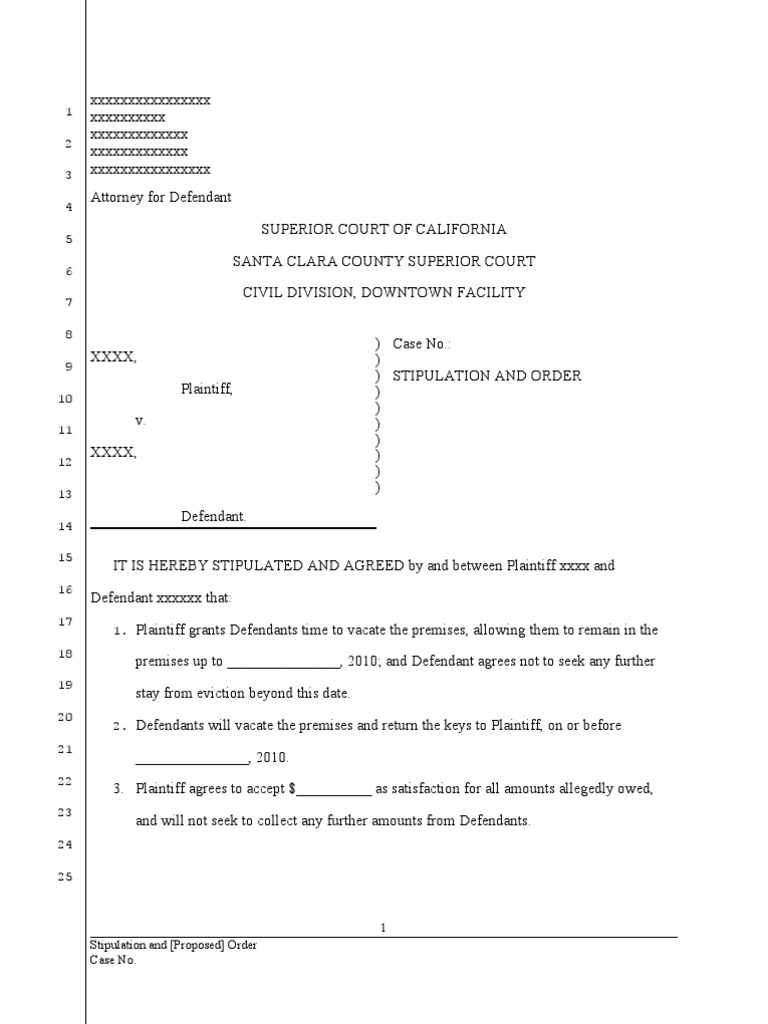 Eviction - Sample Stipulation | PDF | Ex Parte | Judgment (Law)