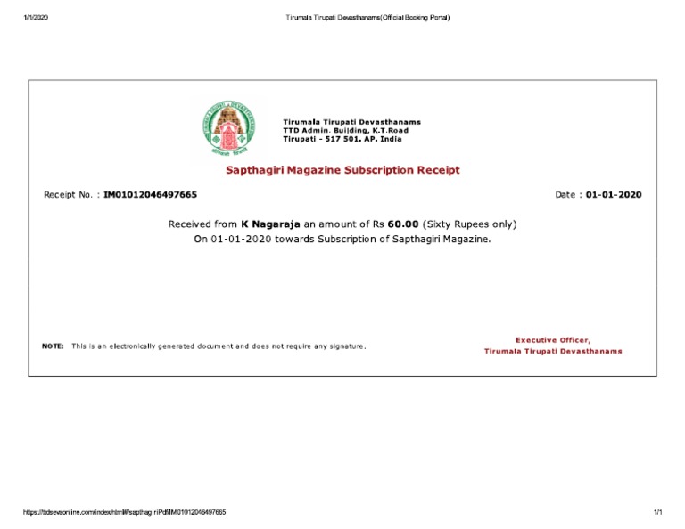 Sapthagiri Magazine Subscription Receipt | PDF