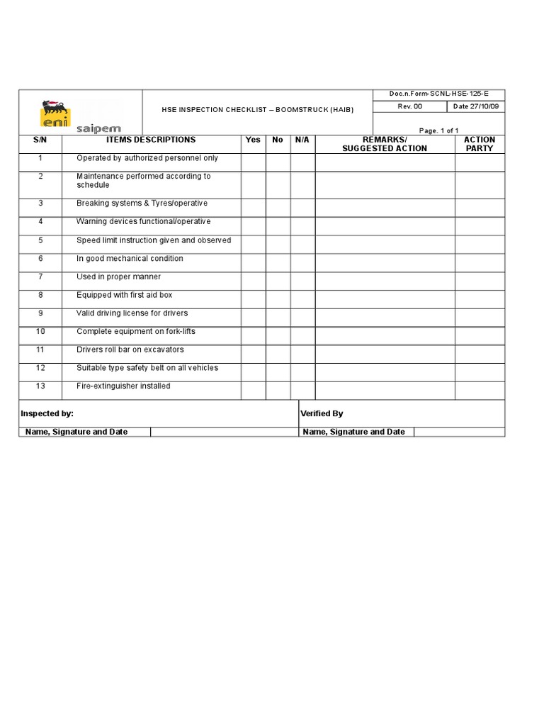 125 - Hse Inspection Checklist - Boom Struck (Haib) | PDF