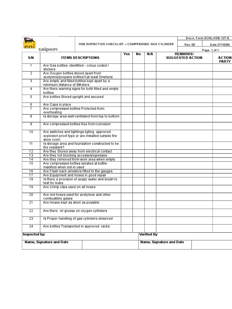 127 - Hse Inspection Checklist-Compressed Gas Cylinder | PDF | Energy ...