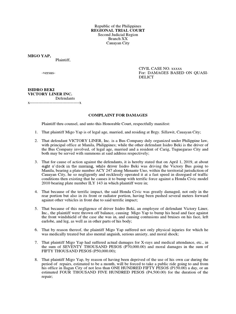 Complaint For Damages Sample | PDF | Lawsuit | Complaint