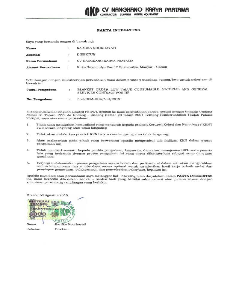 Pakta Integritas - Spda - Form TKDN PDF | PDF