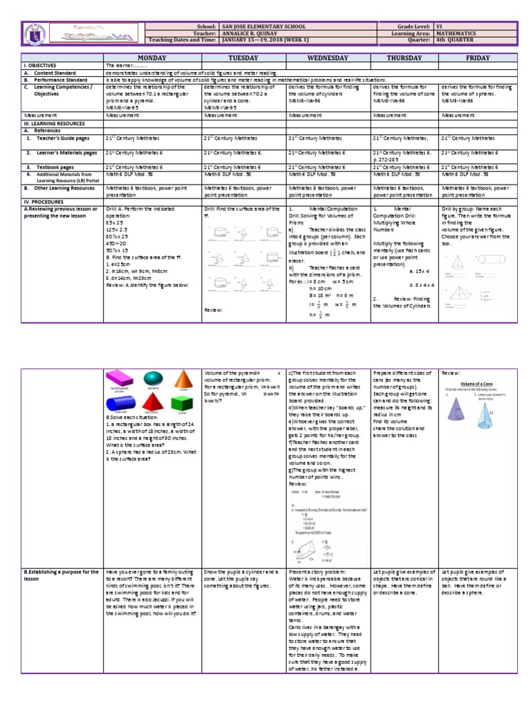 DLL Math 6 Q4 Week 1 | PDF | Volume | Area