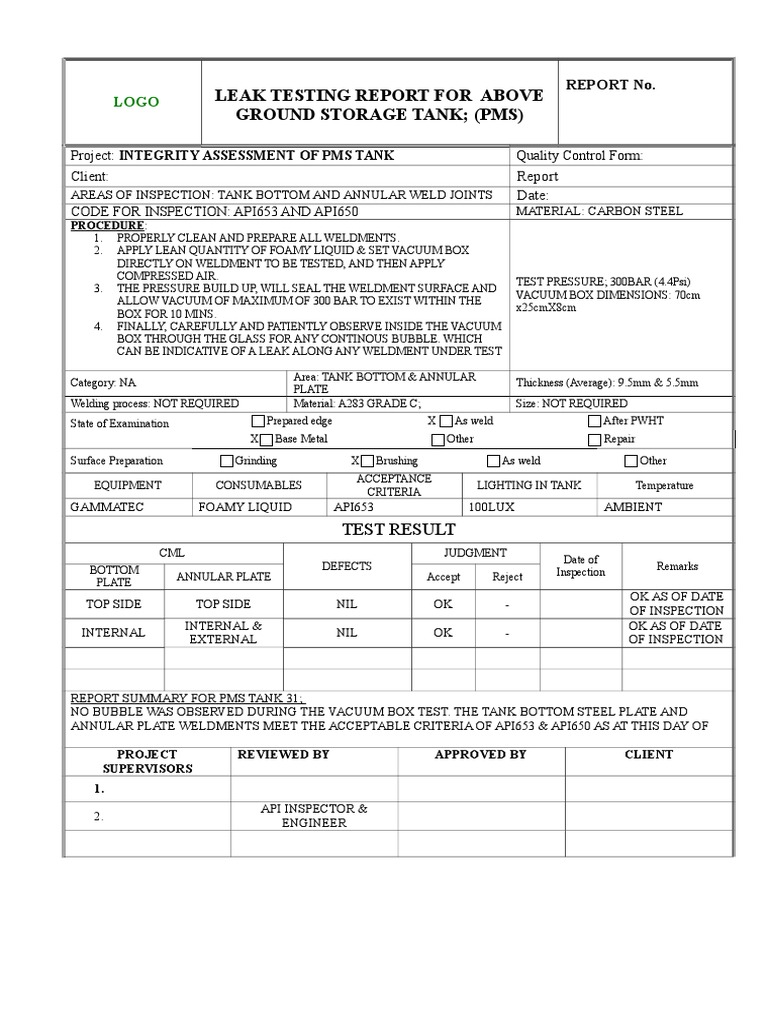 Sample Leak Testing Report For Ast Tank | PDF | Welding | Construction