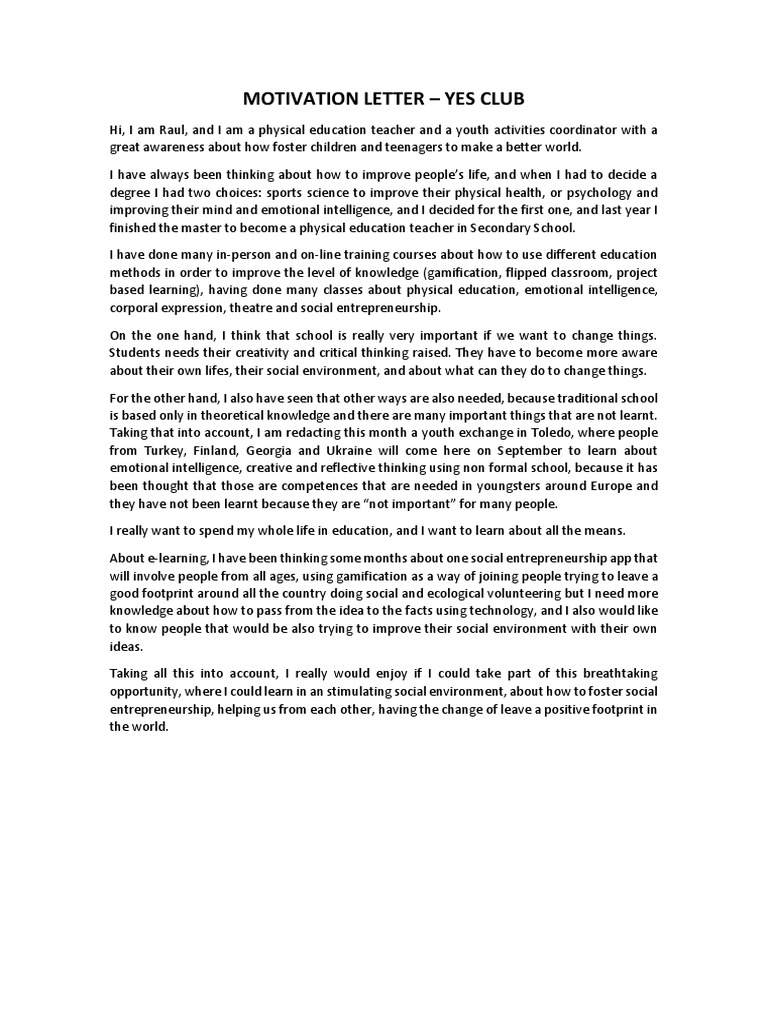 Motivation Letter for YES Club Participation | PDF | Educational ...
