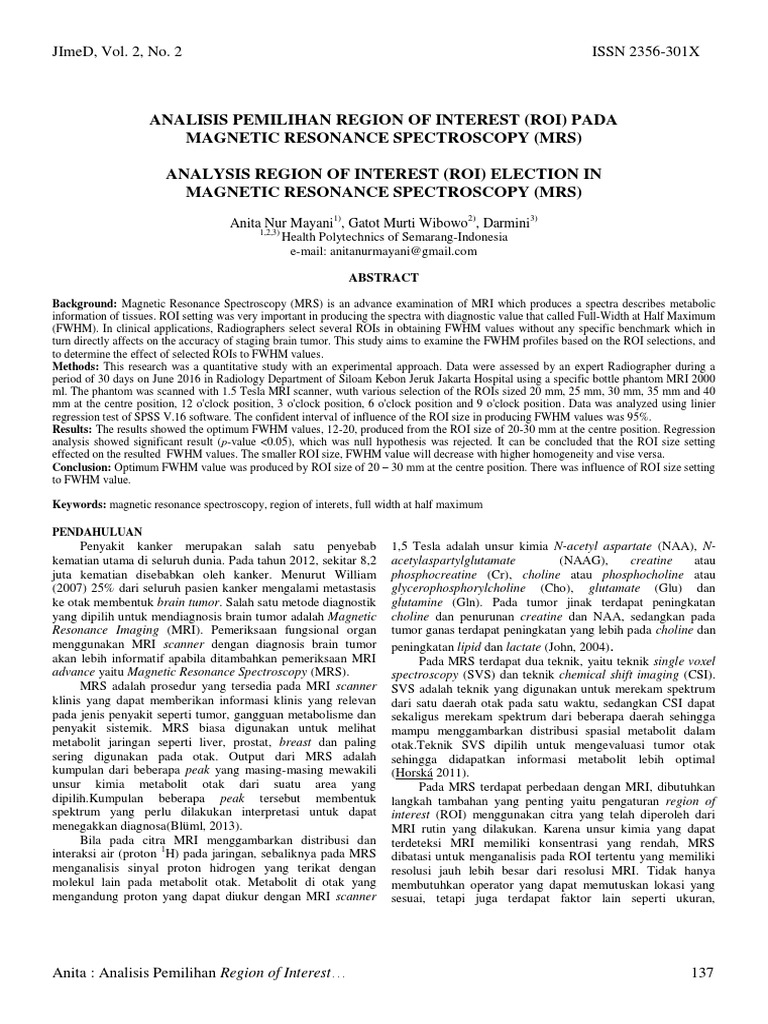 Analisis Pemilihan Region of Interest (Roi) Pada Magnetic Resonance Spectroscopy (MRS) | PDF ...