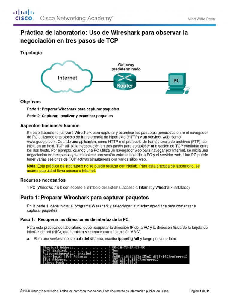 9216 Lab Using Wireshark To Observe The Tcp 3 Way Handshake Pdf Protocolo De Control De 0423