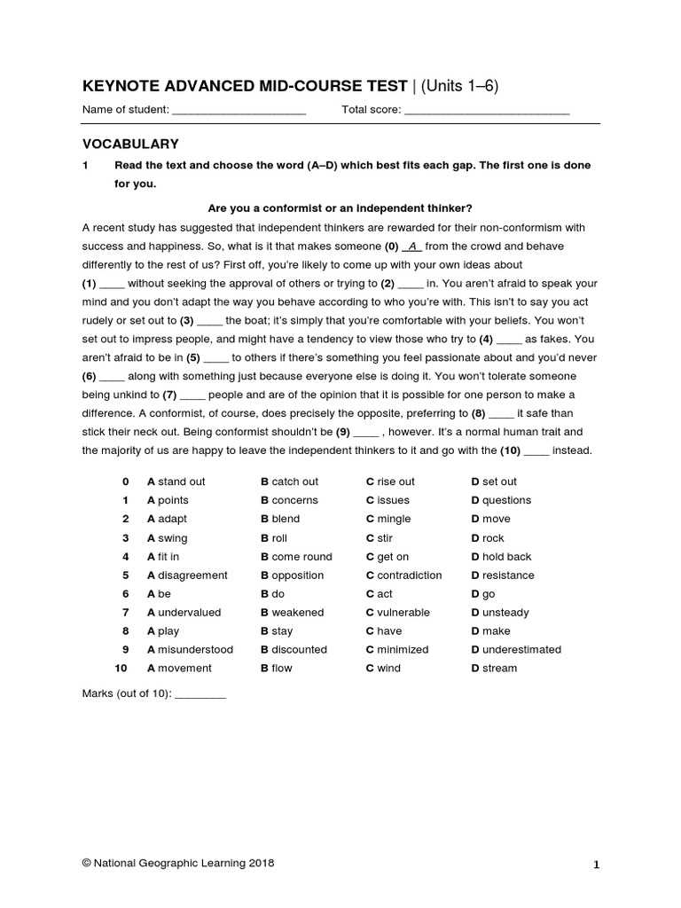 Keynote Advanced MC Test | PDF | Relaxation (Psychology)