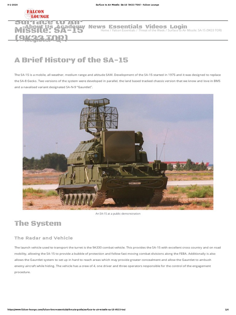 Surface To Air Missile - SA-15 (9K33 TOR) - Falcon Lounge | PDF ...