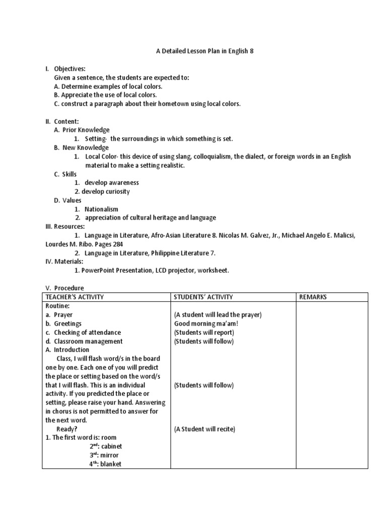 Detailed English Lesson Using Local Colors | PDF