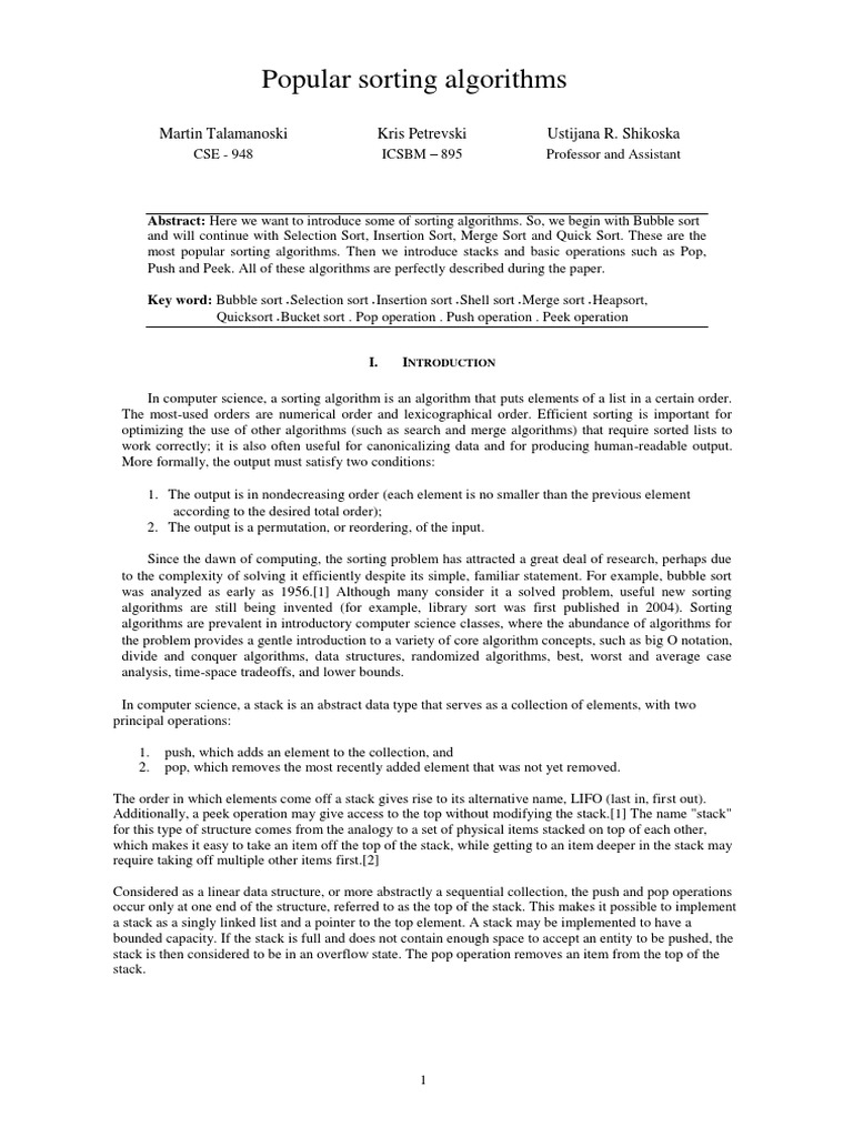 Popular Sorting Algorithms | PDF | Algorithms | Mathematical Concepts Popular Sorting Algorithms | PDF | Algorithms | Mathematical Concepts