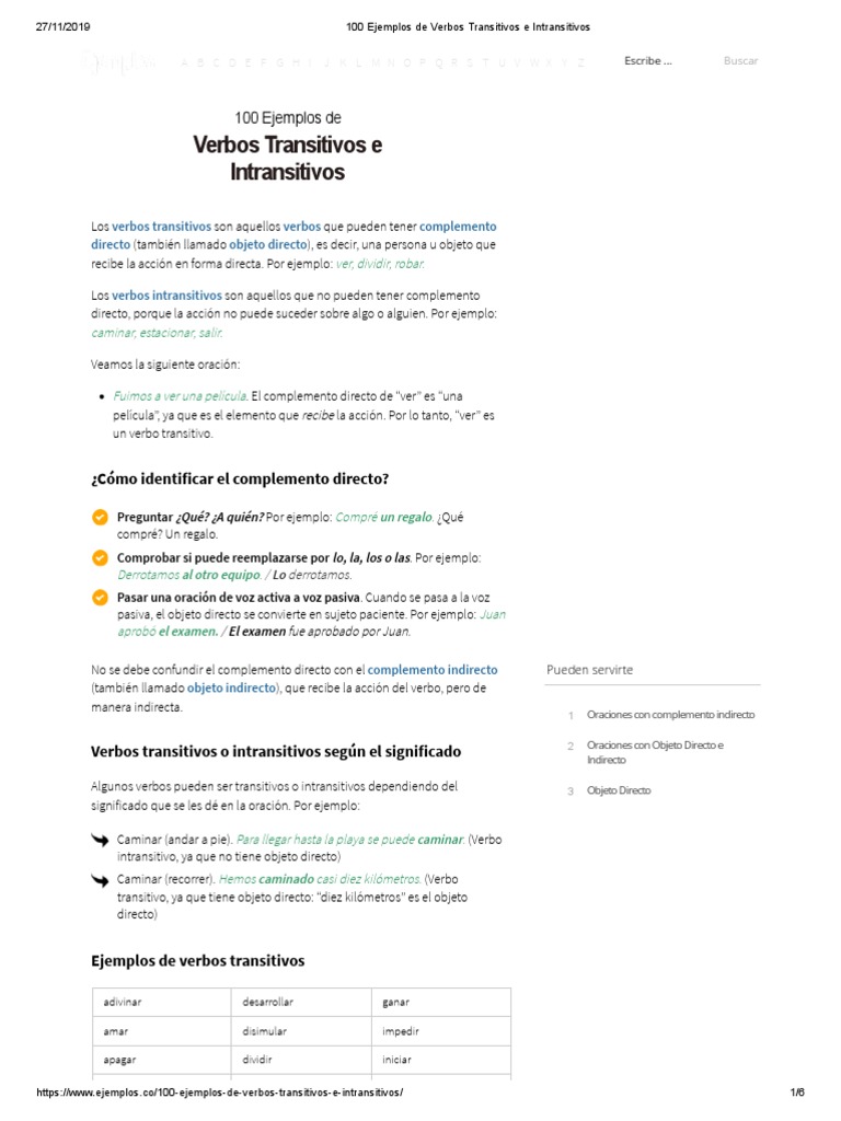 100 Ejemplos De Verbos Transitivos E Intransitivos Descargar Gratis
